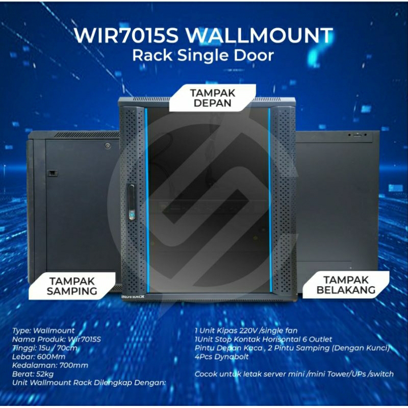 Jual INDORACK WIR7015S 15U Wallmount Rack Depth 700mm Single Glass Door ...