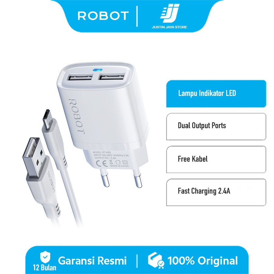 Jual ROBOT Charger Fast Charging Dual Port with Type C / Micro Cable 2 ...
