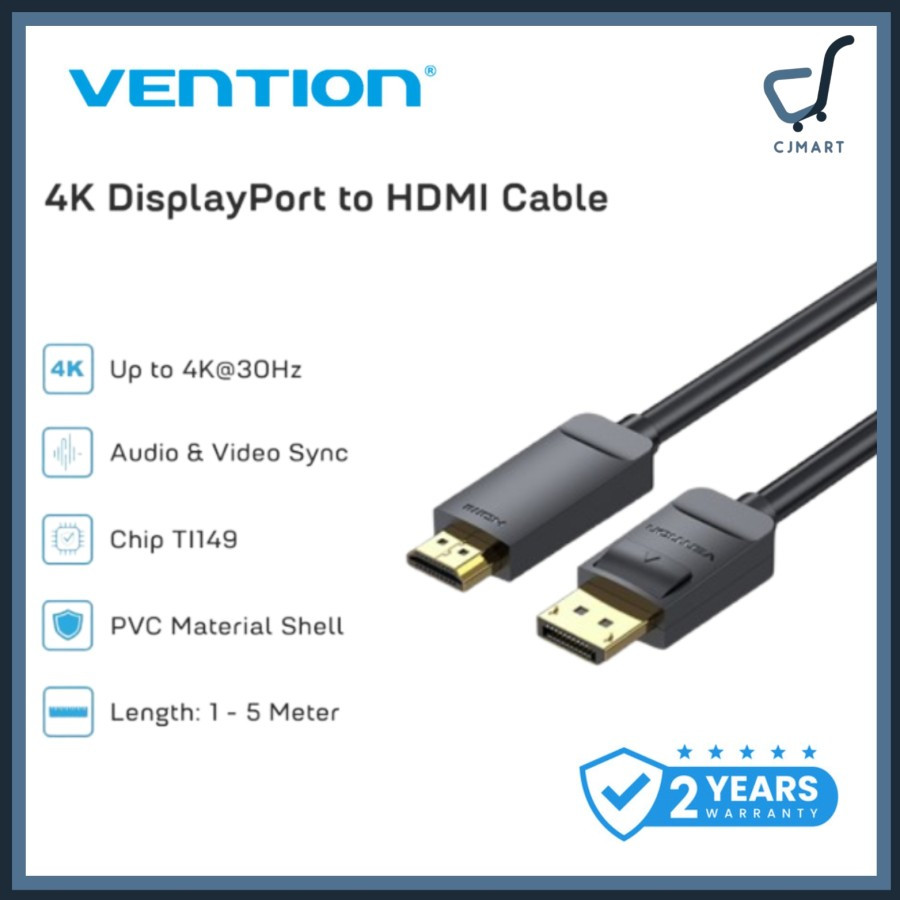 Jual Vention Kabel Display Port DP to HDMI 4K 30Hz 1M 2M 3M 5M - HAG ...
