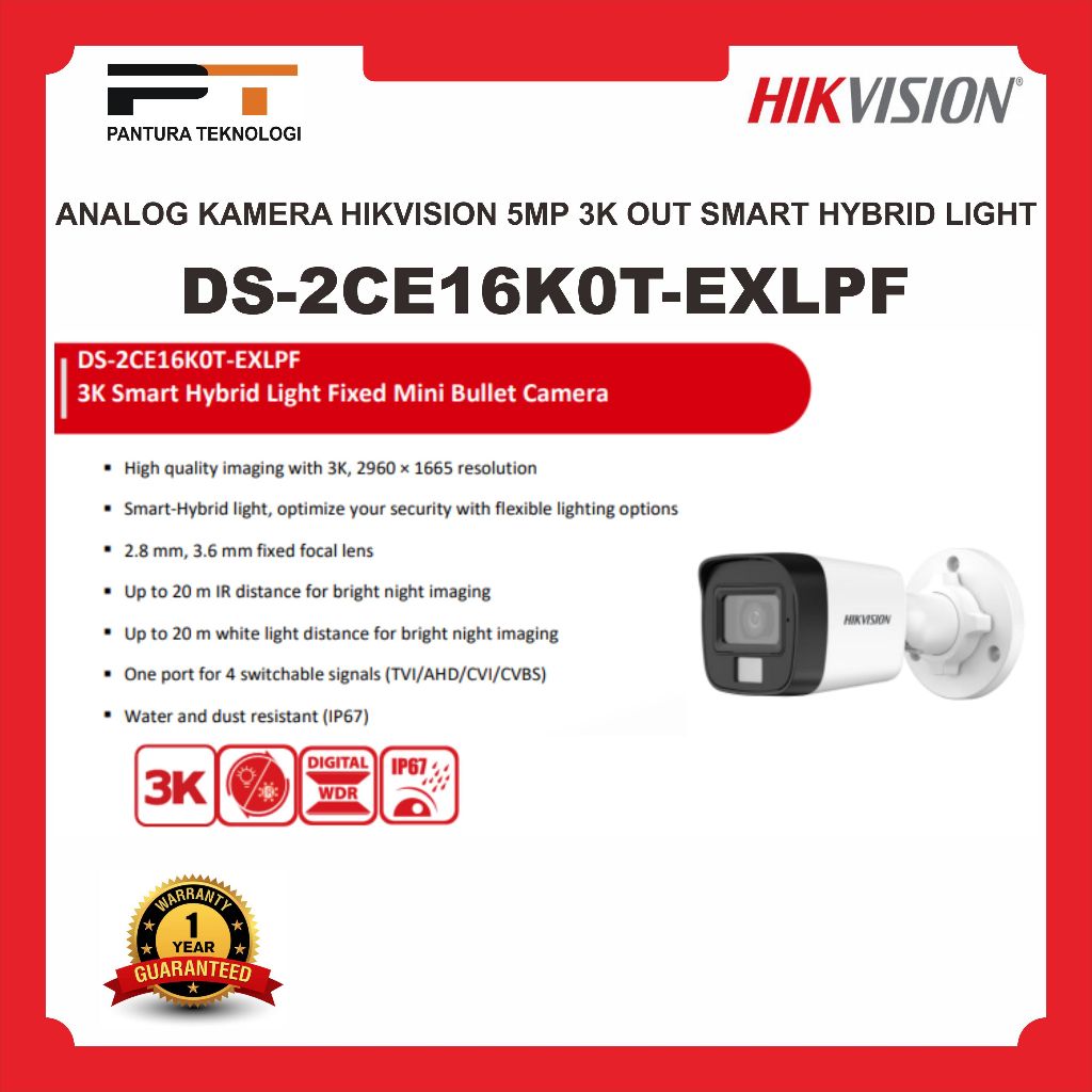 Jual ANALOG KAMERA HIKVISION 5MP 3K OUTDOOR SMART HYBRID LIGHT DS-2CE16K0T-EXLPF | Shopee Indonesia