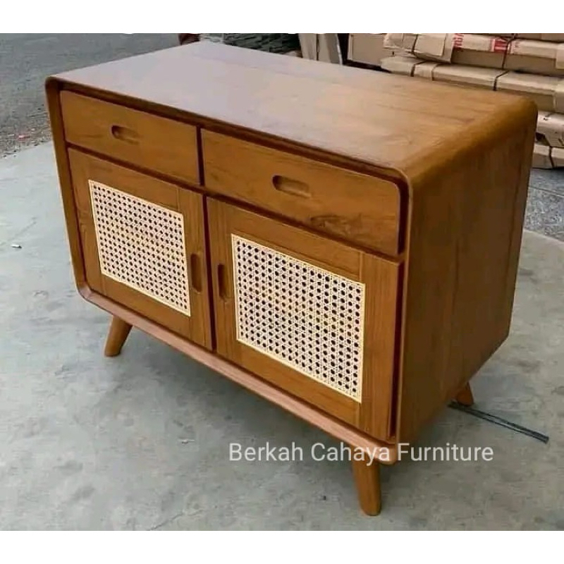 Jual bufet pendek kayu jati perpaduan rotan | Shopee Indonesia