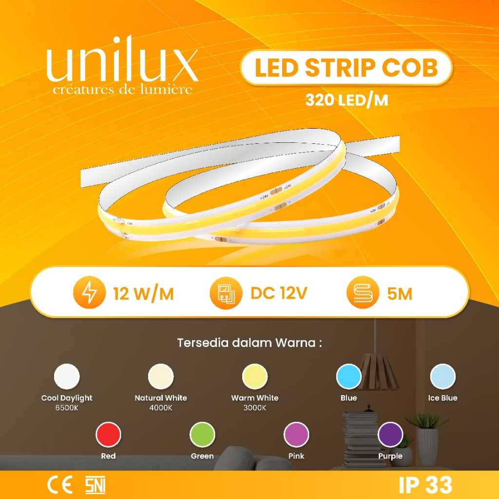 Jual UNILUX LED STRIP COB 12V 320LED 5MTR LED SELANG STRIP TIPE COB MERK UNILUX CDL/WW/NW/BLUE ...