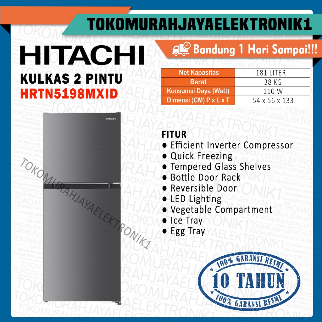 Jual Kulkas Hitachi 2 Pintu HRTN5198MXID Inverter Garansi Resmi | Shopee Indonesia