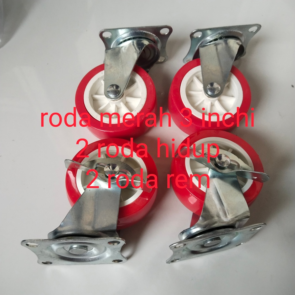 Jual roda 3 inch troli 3 inch merah pvc 2 roda rem 2 roda hidup 1 set ...