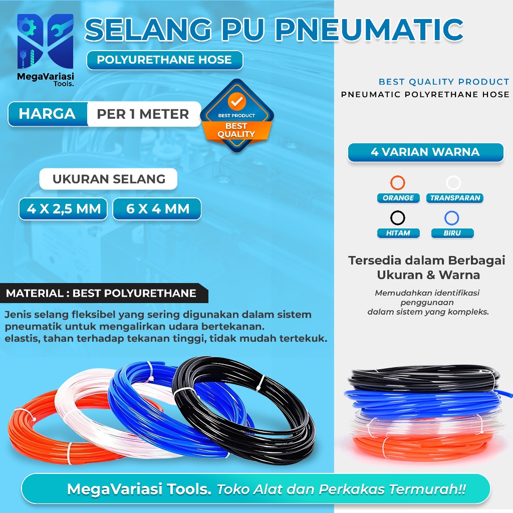 Jual Selang Hose Pu (PollyUrethane) Ukuran OD 4mm 6mm 8mm 10mm 12mm 14mm 16mm Harga Permeter ...