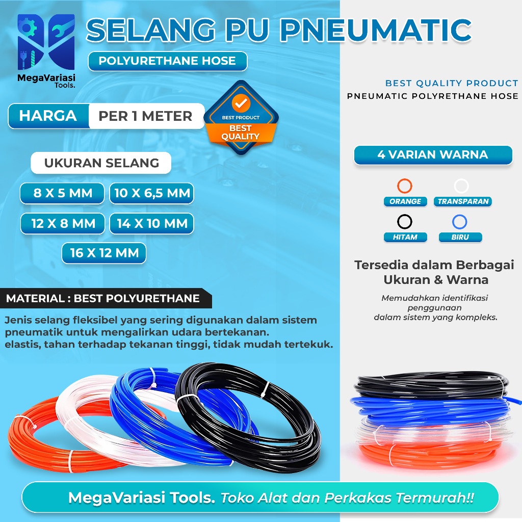 Jual Selang Hose Pu (PollyUrethane) Ukuran OD 8mm 10mm 12mm 14mm 16mm Harga Permeter Meteran ...
