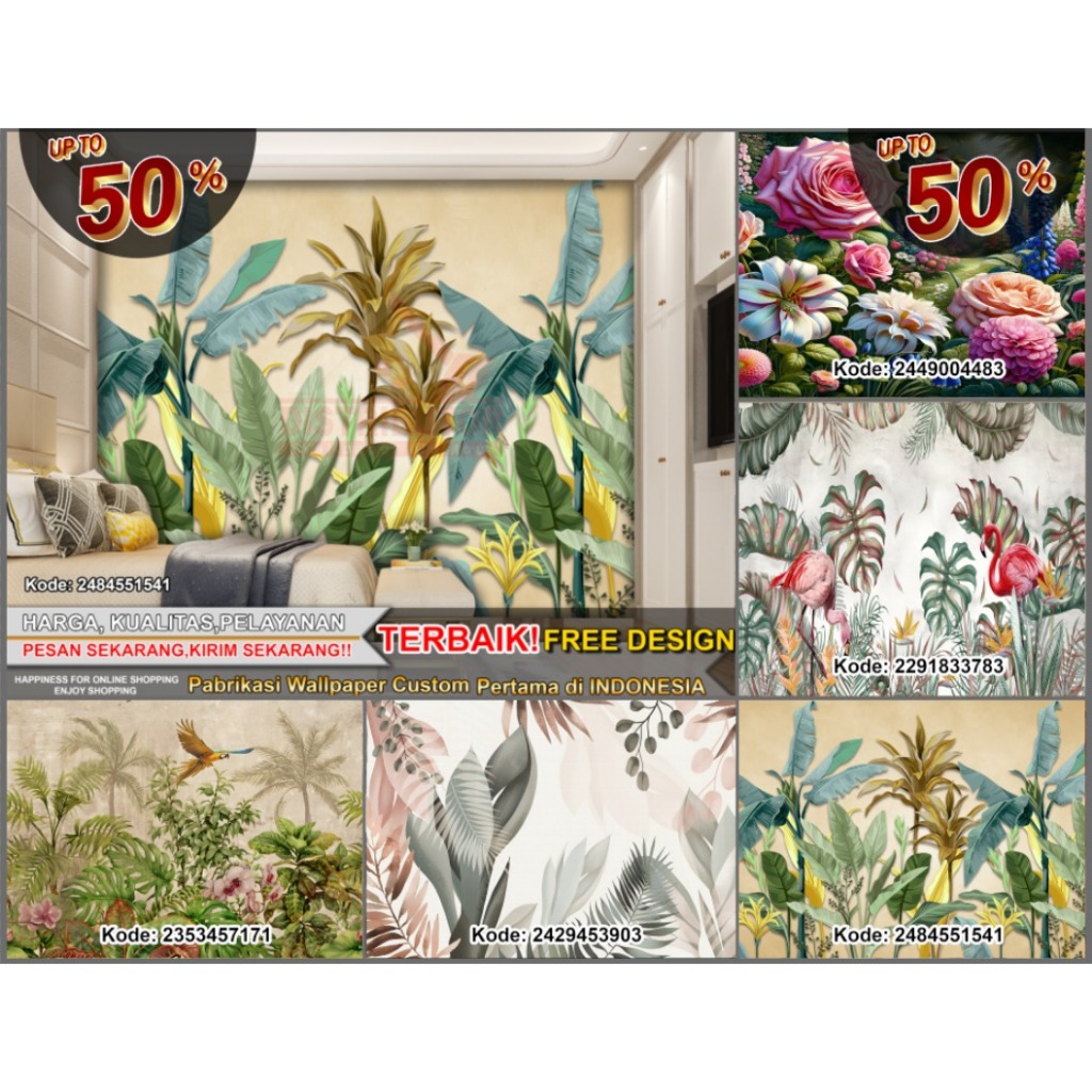 Jual Wallpaper Custom 3D Tema Tropical Ruang Tamu | Semi Outdoor | Leaf ...
