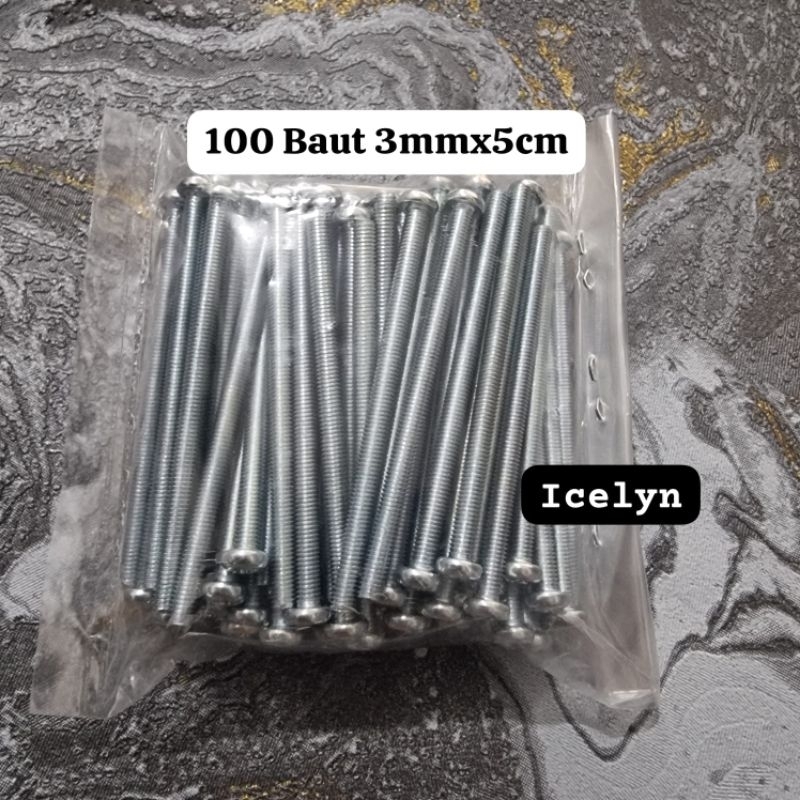Jual 100 Baut 3X50mm Panjang 5cm x Diameter 3mm M3 JP Silver L 2.5mm ...
