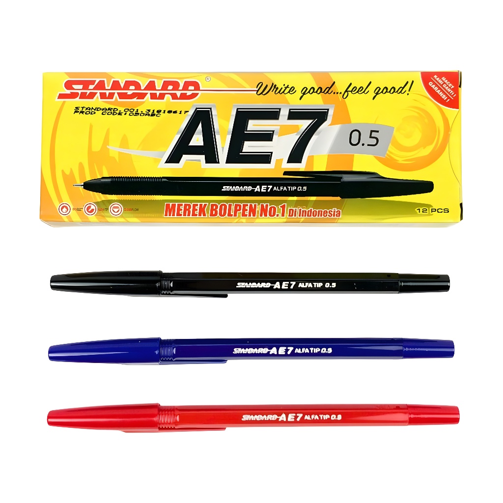 Jual PULPEN STANDARD AE7 0,5 MM HITAM, MERAH, BIRU (1 PACK, 12 PCS ...