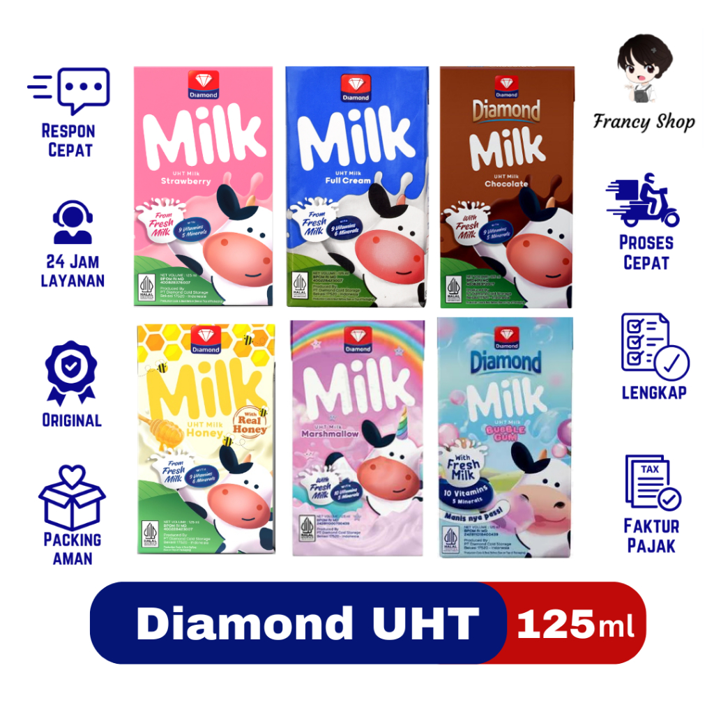 Jual Susu Diamond UHT 125 ml Full Cream / Coklat / Stroberi / Marshmallow / Madu / Bubble Gum ...