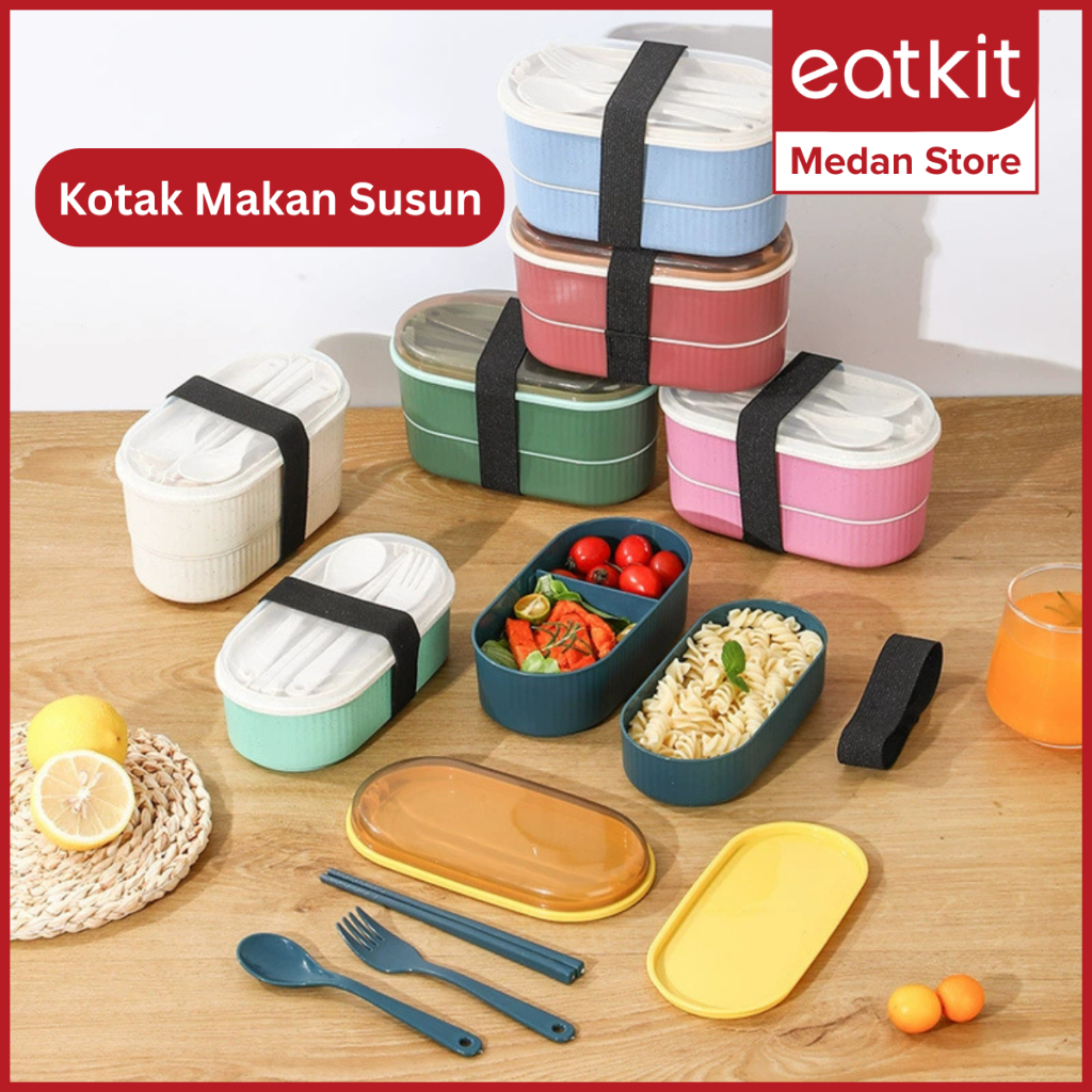 Jual [Medan Ready Stock] Eatkit Kotak Makan Siang Set 1250ml | Desain Dua Lapis Kotak Makan ...