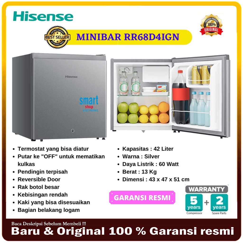 Jual Hisense RR68D4IGN Kulkas Mini Portable 42L Lemari Es Mini Bar Silver | Shopee Indonesia