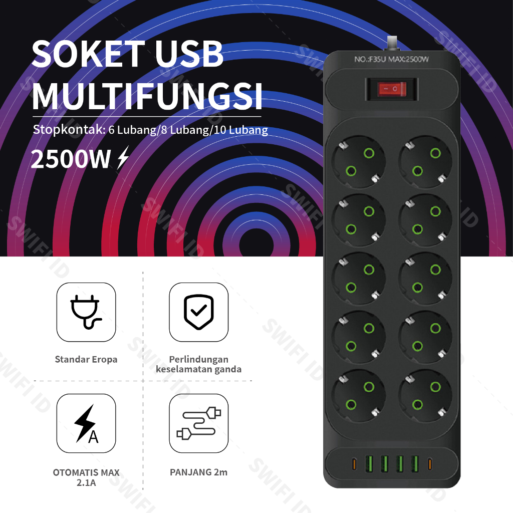 Jual 2500W peraturan Eropa Stop Kontak USB 10A 250V Kabel Serbaguna Multiguna Panjang 2 Meter ...