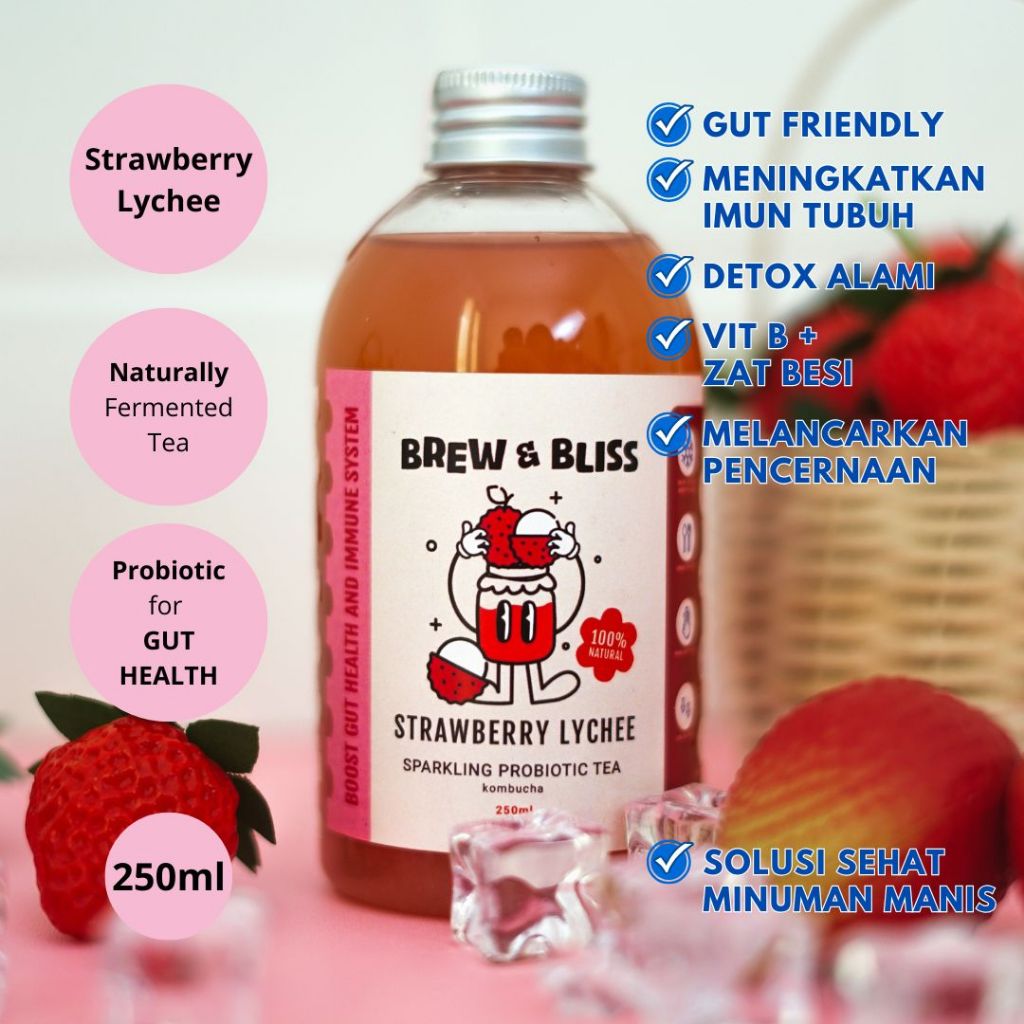 Jual Kombucha Strawberry Lychee 250 ml - Teh Fermentasi Rasa Stroberi ...