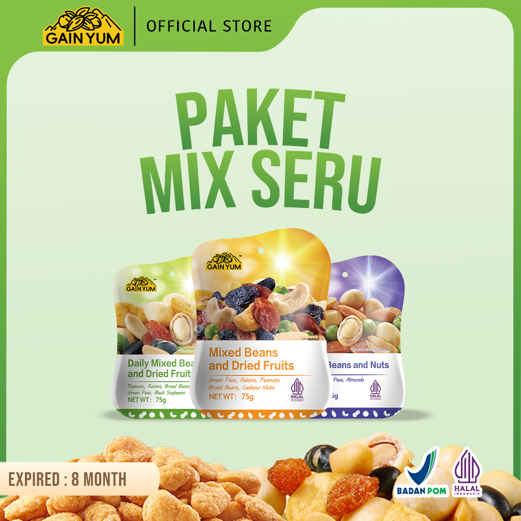 Jual [ PAKET MIX SERU ] Gain Yum - Bundling Mix Seru (1x Mixed Beans and Nuts 75G, 1x Daily ...