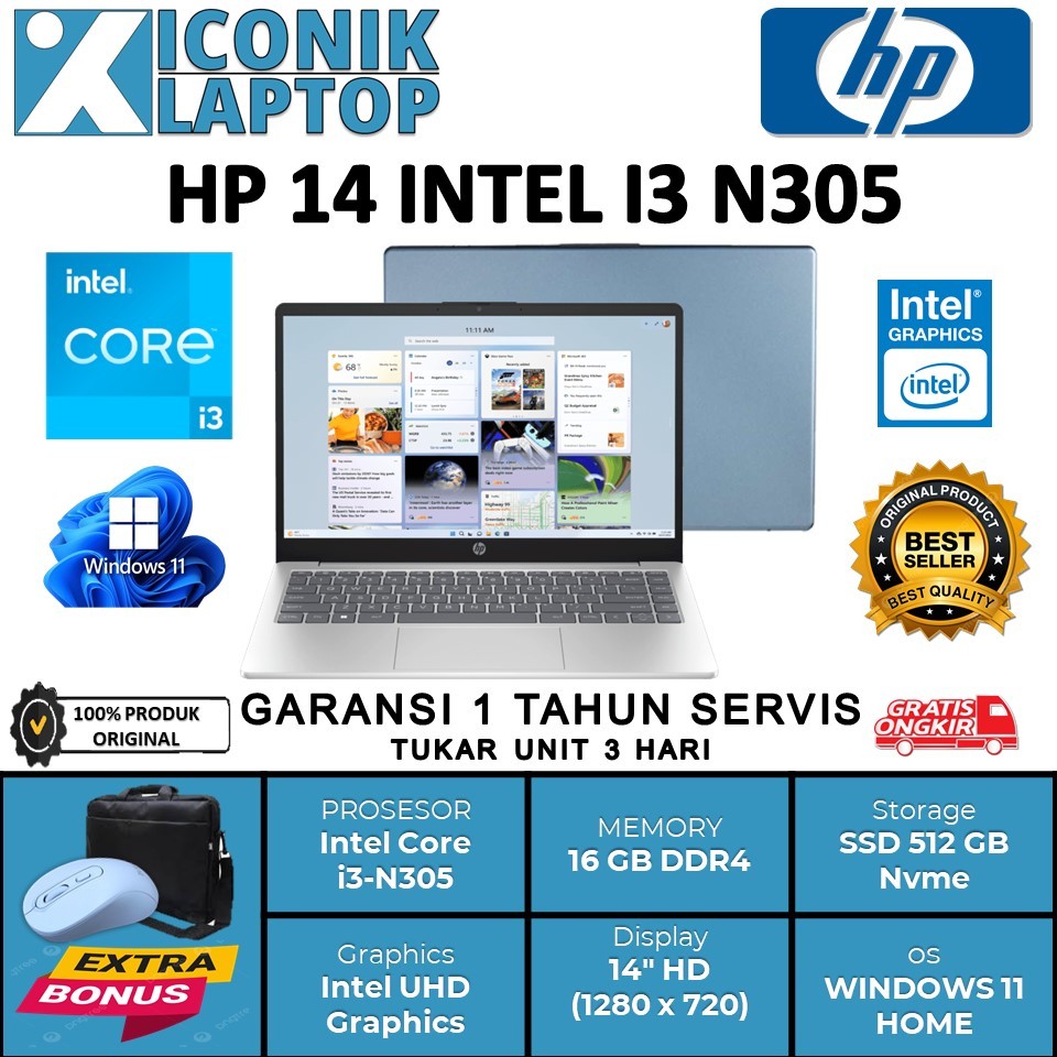 Jual Laptop HP 14 intel core i3 N305 Gen 12 Ram 16GB 512GB 14 inch hd ...