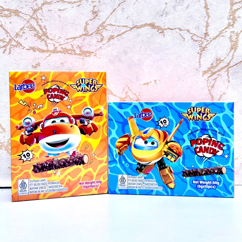 Jual Larbee Super Wings Chocolate Biscuit Stick with Poping Candy 10pcs ...