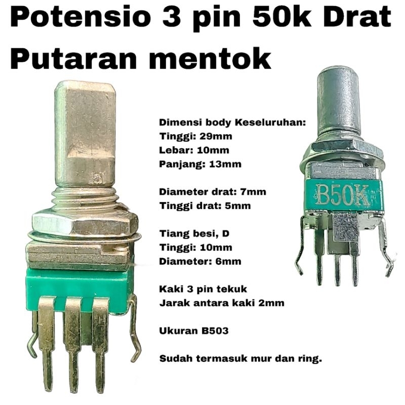 Jual Potensio 3 pin B50k Mono Kaki 3 Tekuk Segi Hijau B503 Tiang Besi ...