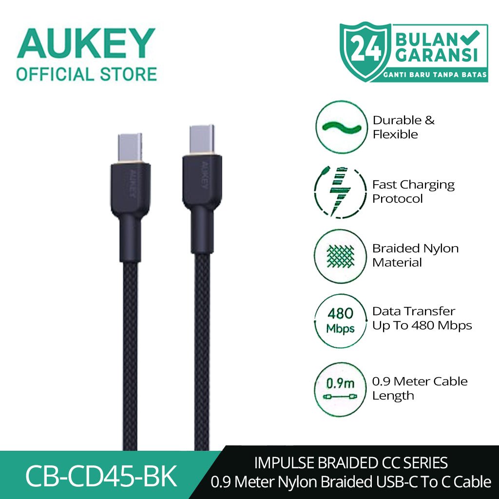 Jual AUKEY Kabel Charger Type C CB-CD45 Braided Nylon USB-C to USB-C Black Cable | Shopee Indonesia