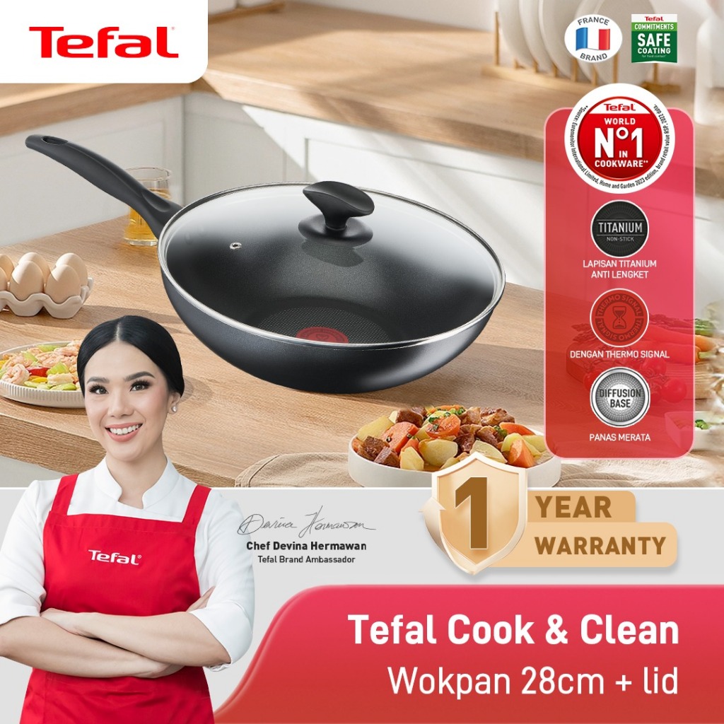 Jual [ BEST SELLER ] Tefal Cook & Clean Wokpan 28 CM Gratis Tutup / Wajan Anti Lengket ...