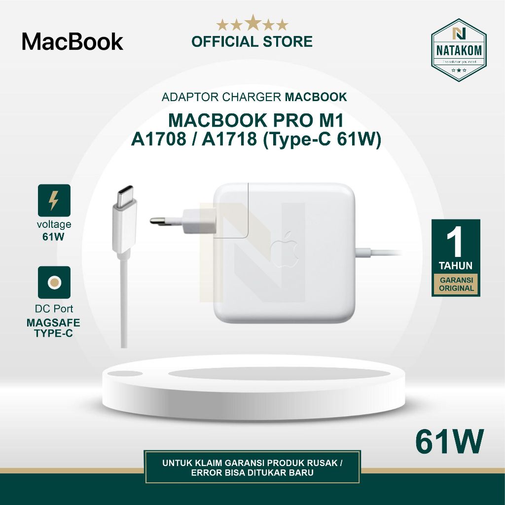 Jual ADAPTOR CHARGER MACBOOK PRO-M1 MS USB TYPE-C 61W A1708-A1718 ...