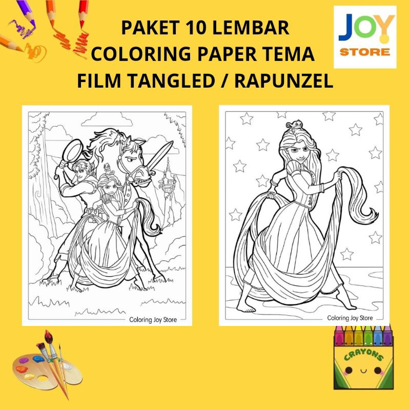 Jual PAKET 10 Lembar Kertas Gambar Mewarnai Tema Princess Disney Rapunzel / Tangled Ukuran A4 ...