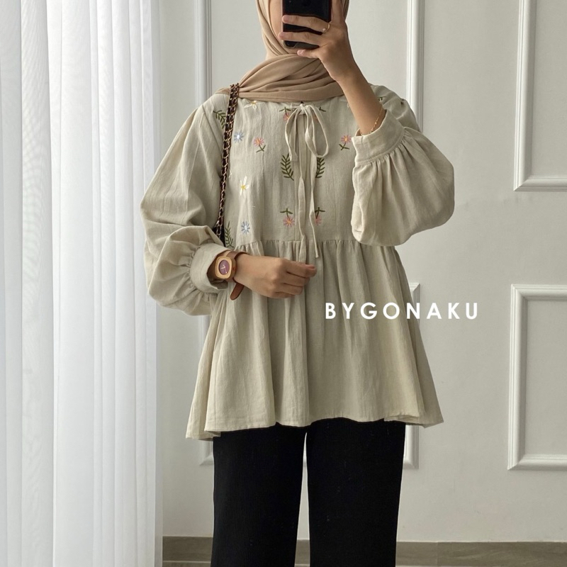Jual [GONAKU] Laura Top Linen Bordir | Atasan Blouse Kemeja Kerja ...