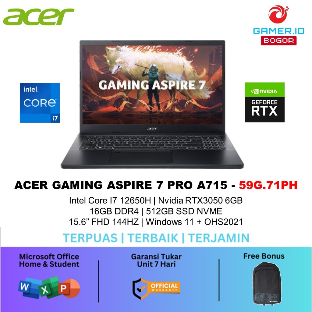 Jual Acer Gaming Aspire 7 Pro A715 I7 12650H RTX3050 6gb/ 16gb 512gb W11+OHS 15.6 FHD 144H -59G ...
