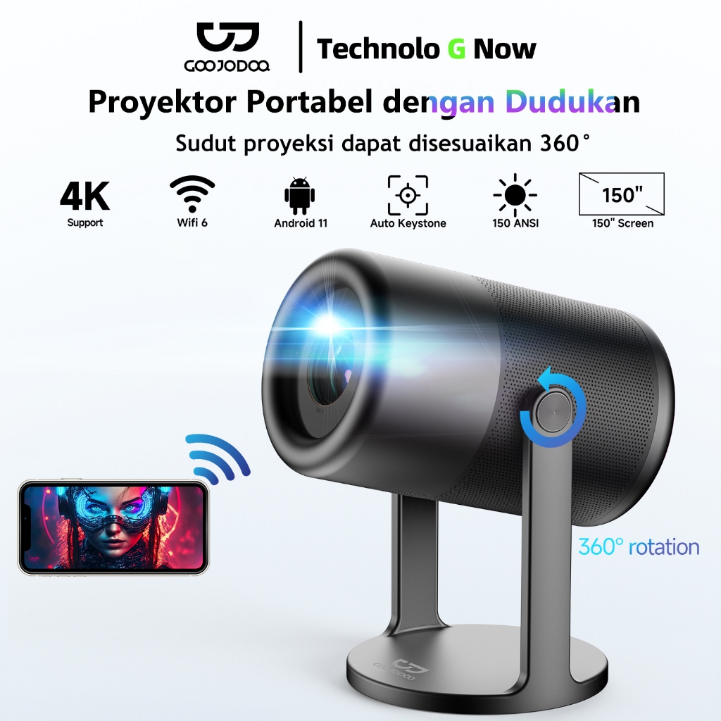 Jual GOOJODOQ 4K Portable Proyektor with 360° Free Angle Projector ...