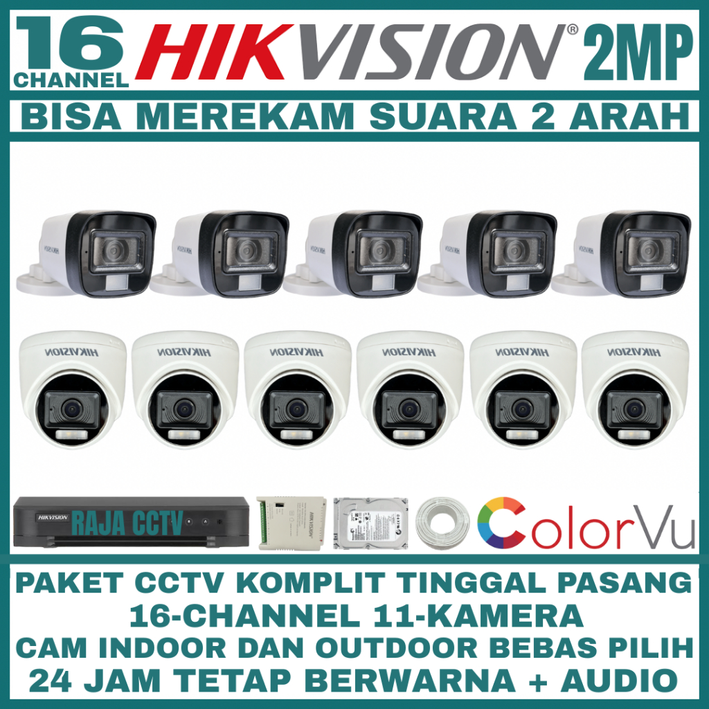 Jual paket cctv hikvision 2mp colorvu colorfull 16 channel 11 camera ...