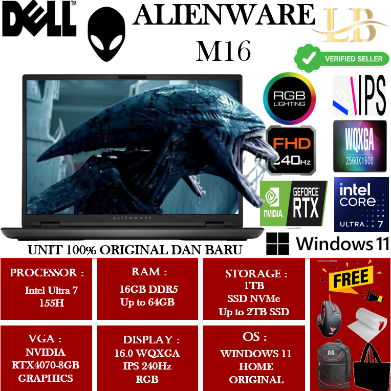 Jual Laptop Gaming Alienware M16 Intel Ultra 7 155H 32GB 2TB RTX4070 ...