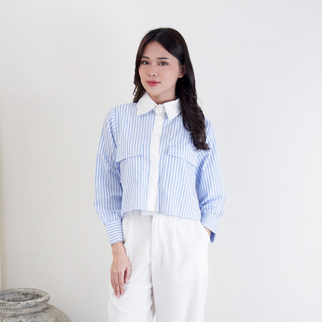 Jual QUEENTIN Kemeja Wanita Crop 0980 Katun Polymicro Motif Salur ...