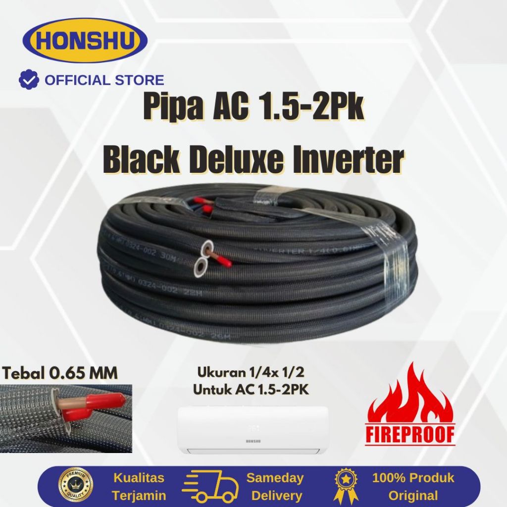 Jual Pipa AC 1.5-2PK Ukuran 1/4 x 1/2 Honshu Black Deluxe Inverter 1 Roll | Shopee Indonesia