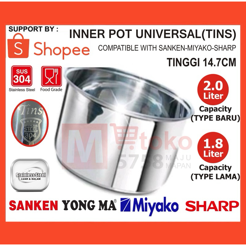 Jual INNER POT RICE COOKER UNIVERSAL STAINLESS STELL TINS 1,8LT LAMA ...