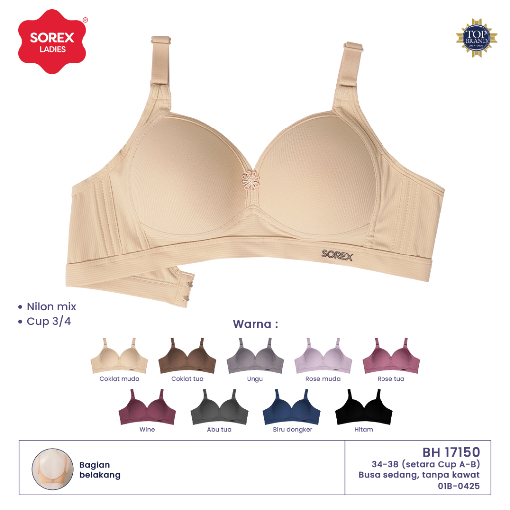 Jual Sorex Bra Tanpa Kawat Cup A-B Kait 2 Cup 3/4 Busa Sedang BH 17150 | Shopee Indonesia