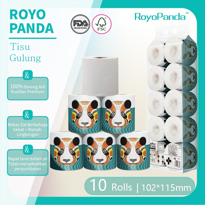 Jual 【10 Roll】Royo Panda Tisu Toilet Mudah Larut 102x115mm 4 Lapis ...