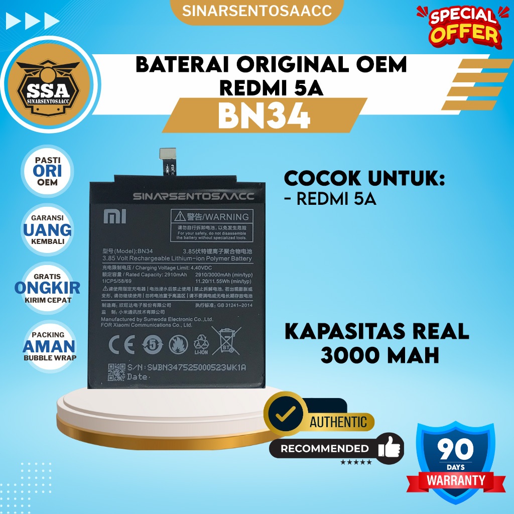 Jual Baterai Xiaomi Redmi 5A BN34 Original OEM BN 34 Batu Batre Batrai ...