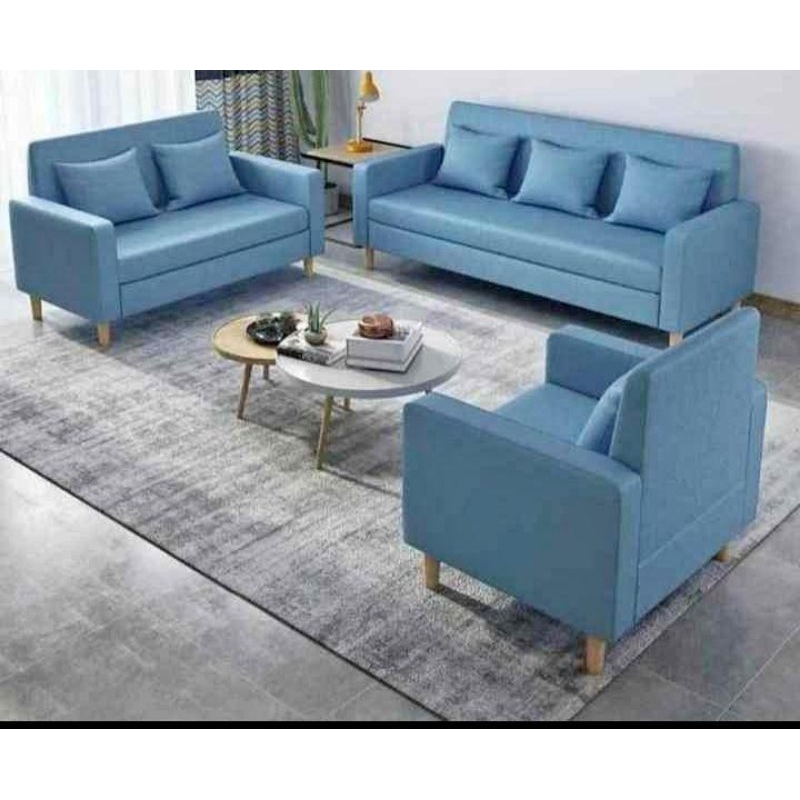 Jual sofa kulit ruang tamu fullset 3+2+1 dengan sentuhan warna biru ...