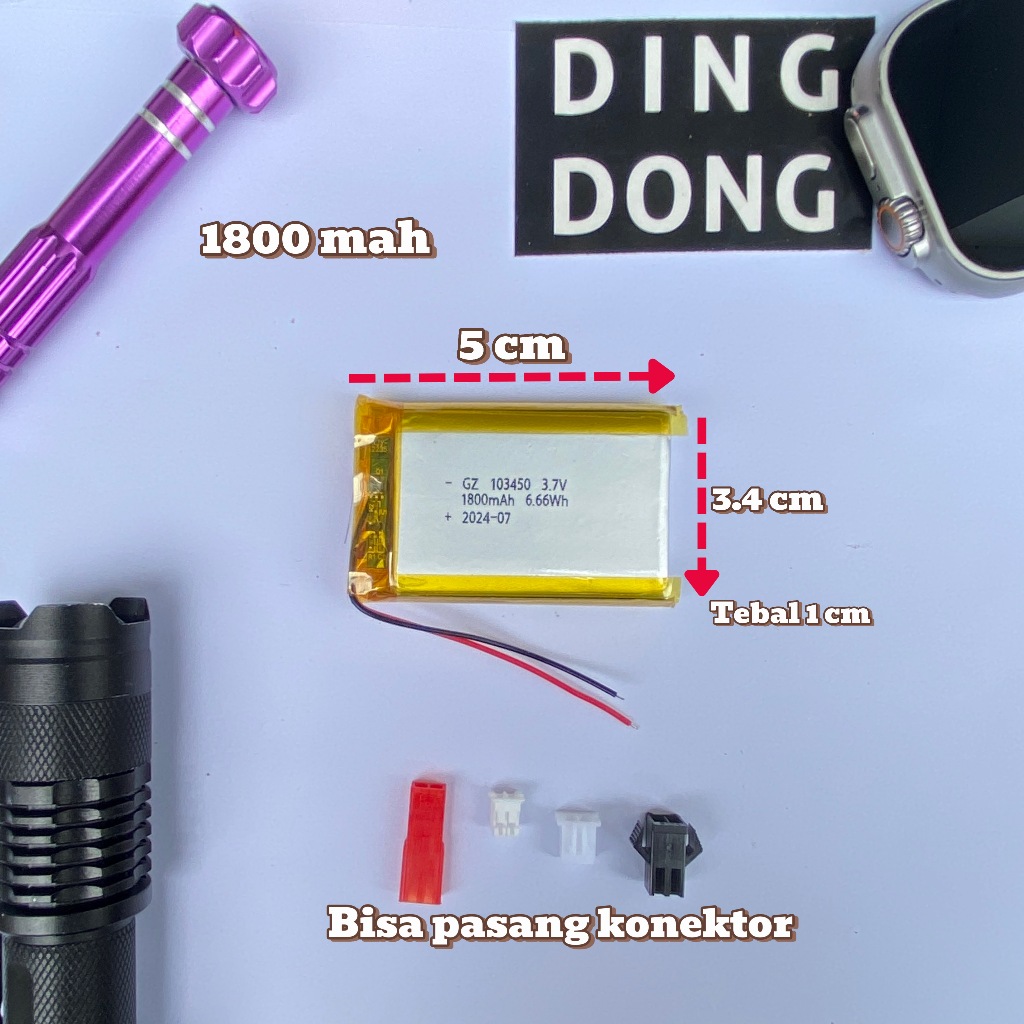 Jual BATERAI LITHIUM POLYMER LIPO 1800 MAH 103450 3.7v 6.6WH 3.4cm x 5cm TEBAL 1cm 3.4 x 5 cm ...