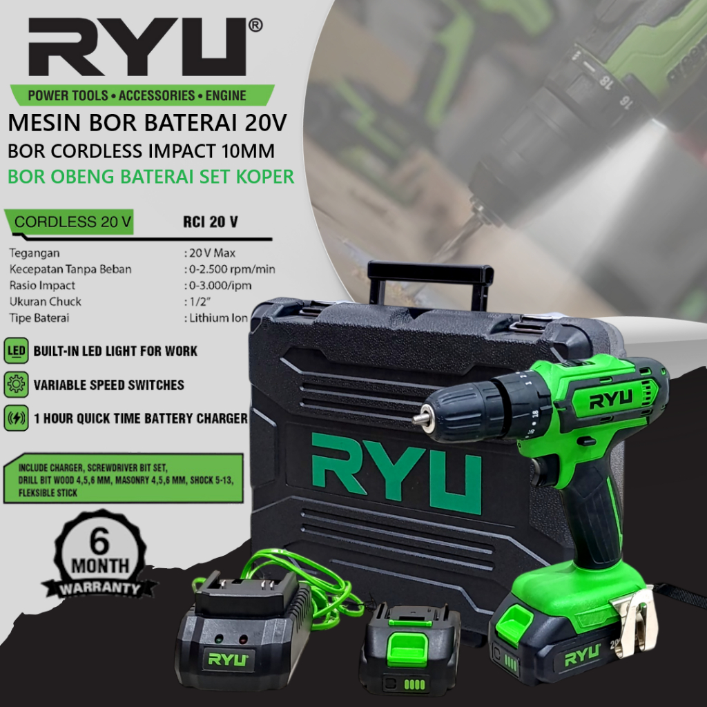 Jual RYU Mesin Bor Baterai Cordless Impact RCI20V 10 mm Set Cordless Impact Drill 20 Volt Bor ...