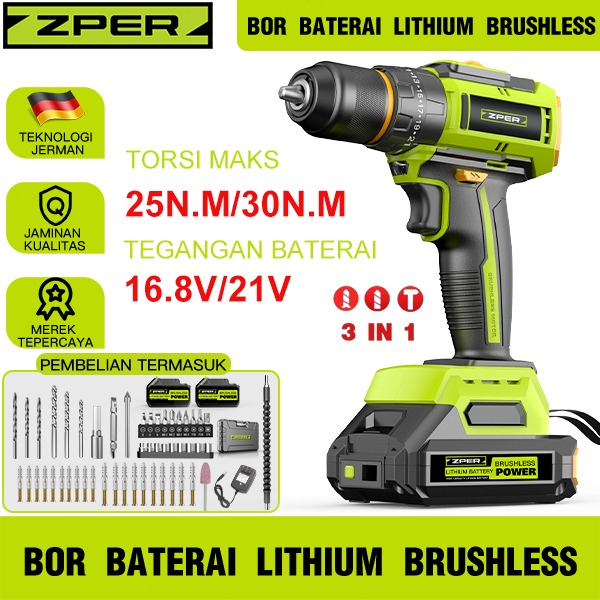 Jual ZPER Promosi 10mm 21V Mesin Bor Cordless Brushless 3in1 Bor Impact ...
