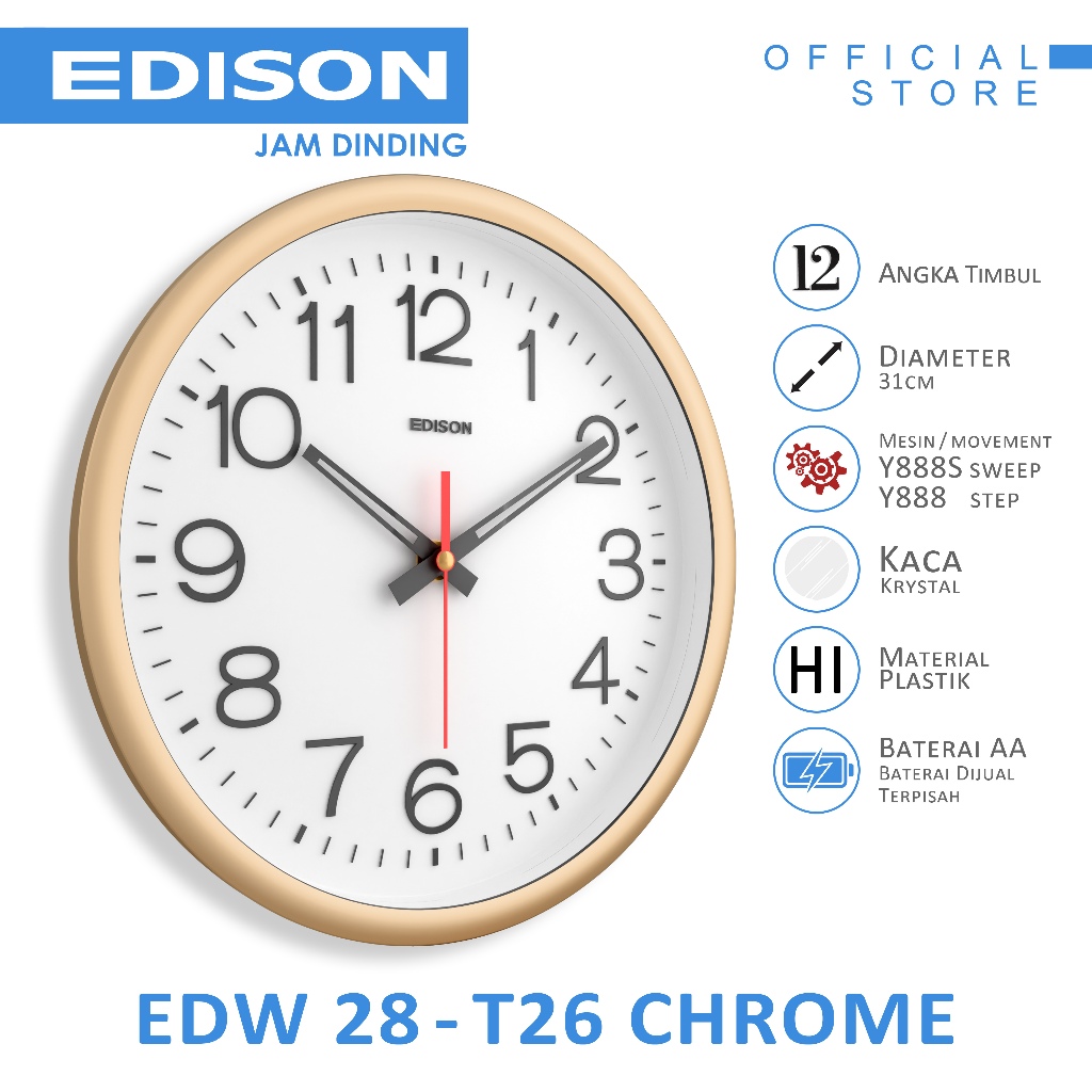 Jual Jam Dinding Edison EDW 28 T26 Chrome Timbul Diameter 310mm 31cm ...