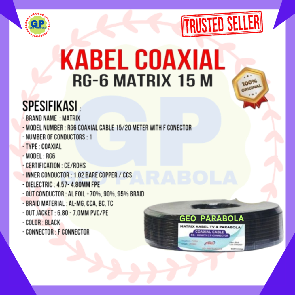 Jual KABEL PARABOLA MATRIX 15 METER RG6 + KONEKTOR PARABOLA UNTUK ...