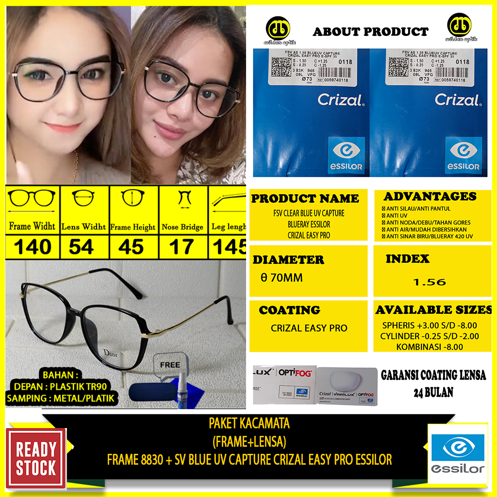 Jual PAKET KACAMATA FRAME 8330+ESSILOR BLUE UV CAPTURE CRIZAL EASY PRO ...