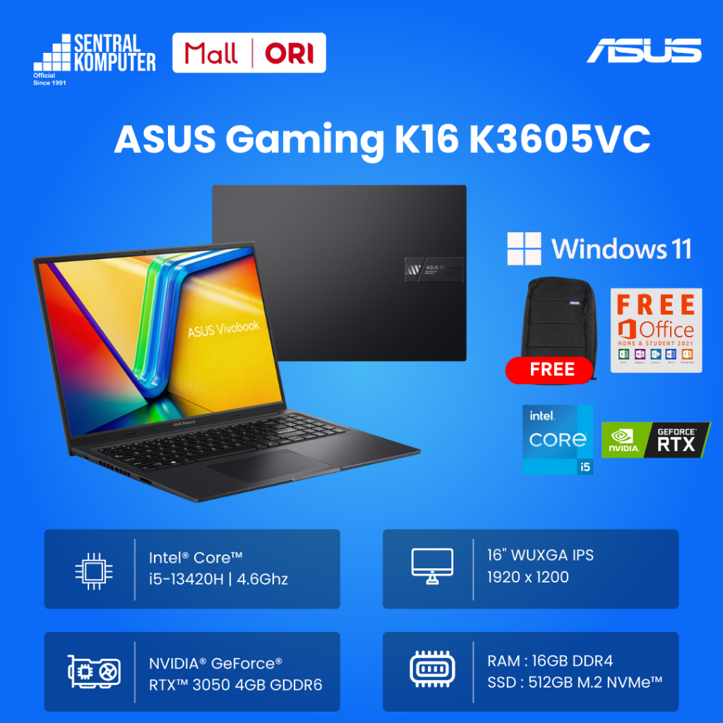 Jual ASUS GAMING K16 K3605VC i5 13420H RTX3050 4GB/ 16GB 512GB W11+OHS+OFFICE 365 16" WUXGA ...