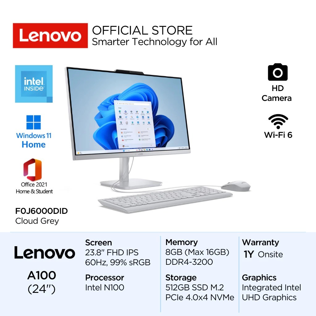 Jual Lenovo AIO A100 0DID Intel N100 PC All in One 23.8" FHD IPS 512GB ...