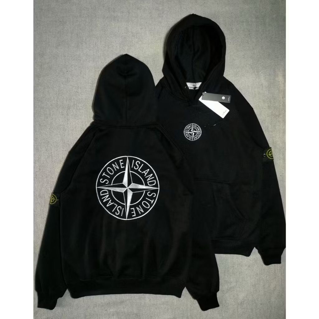 Jual jumper distro stone island hitam logo putih bordir besar cotton ...