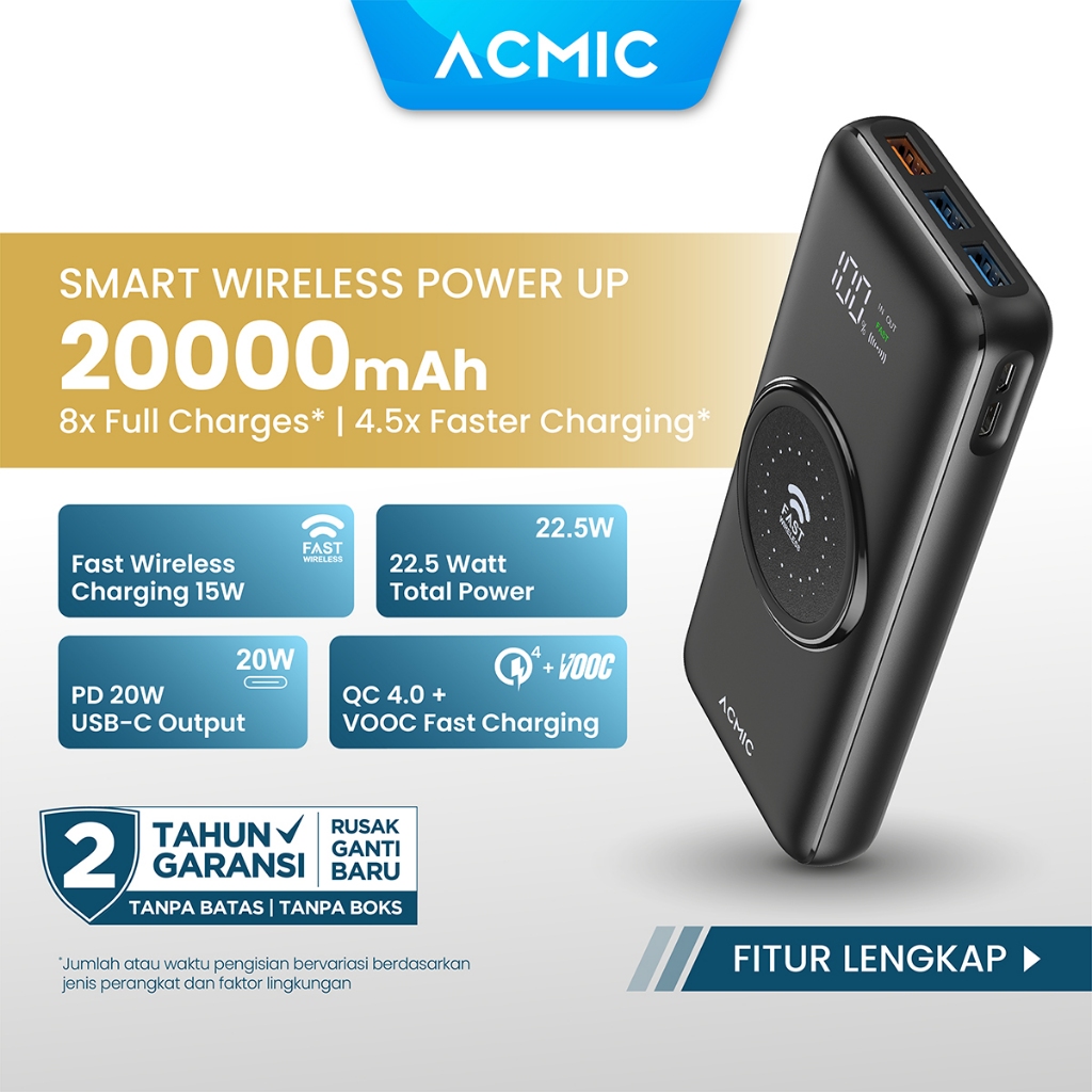 Jual ACMIC W20PRO 20000mAh Powerbank Wireless 22.5W Fast Charging Type C | Shopee Indonesia