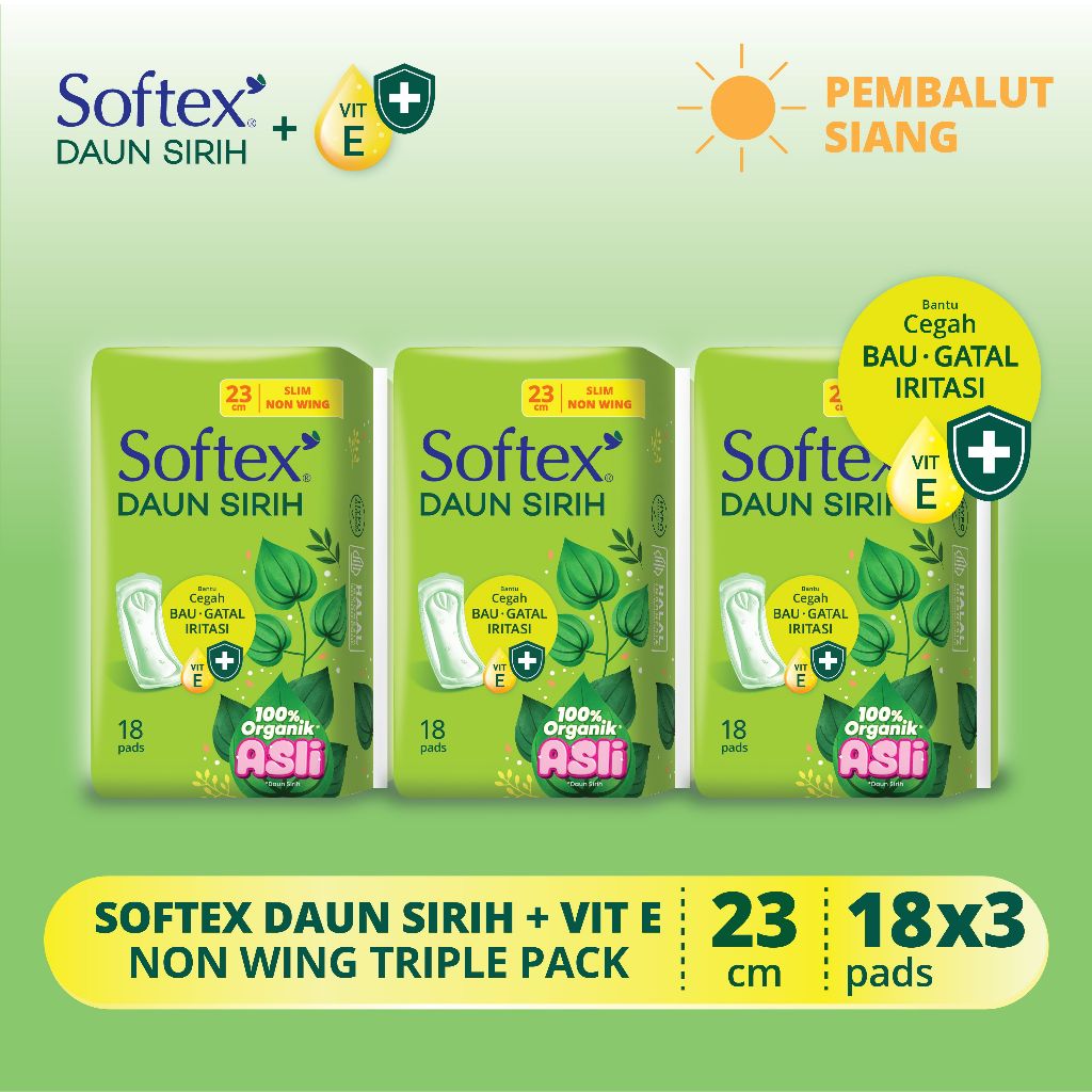 Jual Softex Daun Sirih + Vitamin E Non Wing 23Cm 18s x 3 Pack - Pembalut Daun Sirih Siang ...