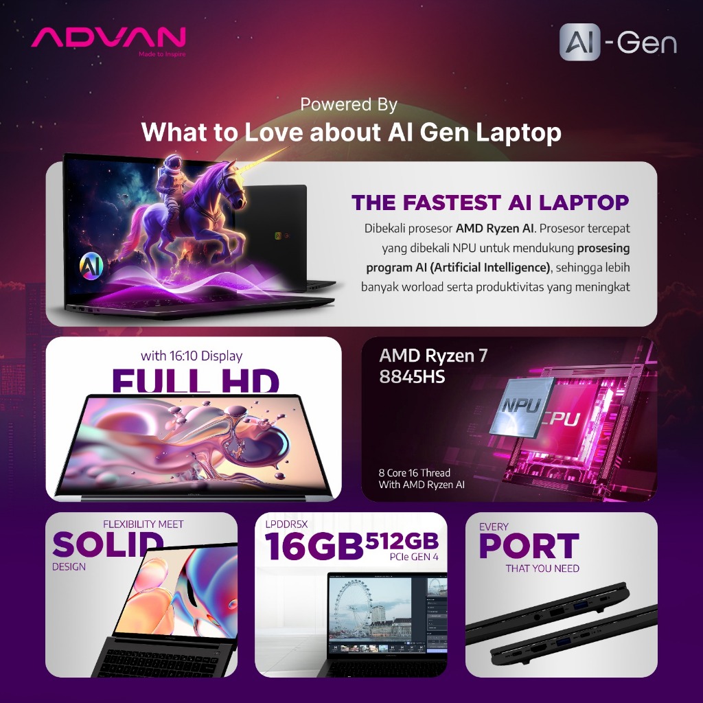 Jual ADVAN Laptop Ai Gen Ryzen 7 8845HS AMD Ryzen AI IPS 100% sRGB 16GB ...
